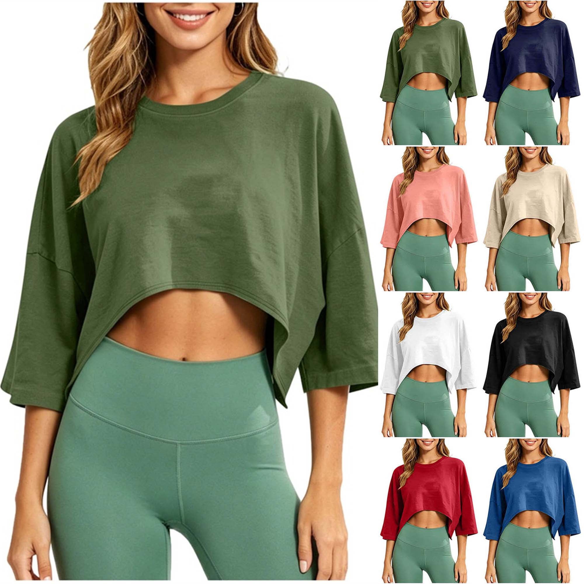 DYTTDG Women's Loose Fit Cropped Top | Round Neck 3/4 Sleeve Casual ...