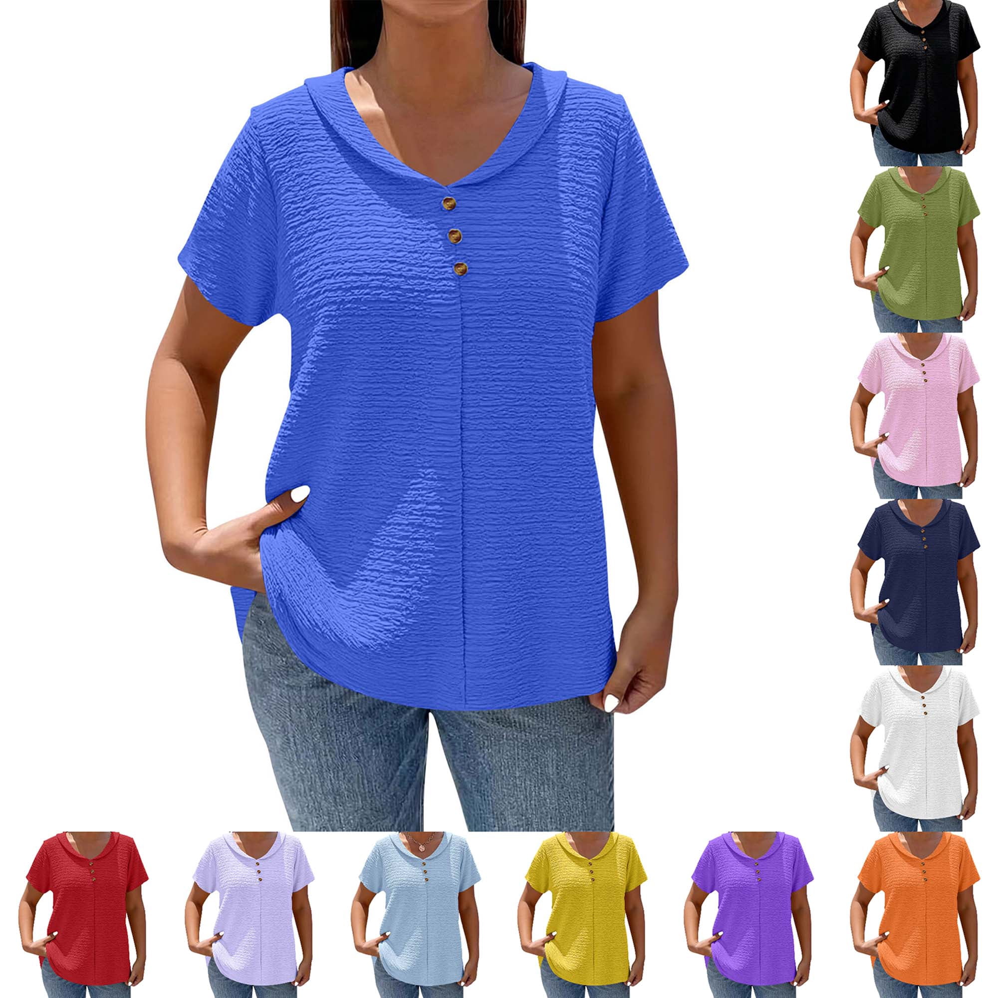 DYTTDG Women's Notch Neck Short Sleeve Top | Solid Color Casual Button ...