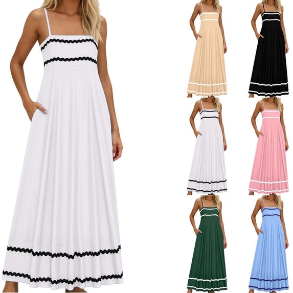 DYTTDG Women's Ric Rac Trim Maxi Dress | Spaghetti Strap Sleeveless A ...