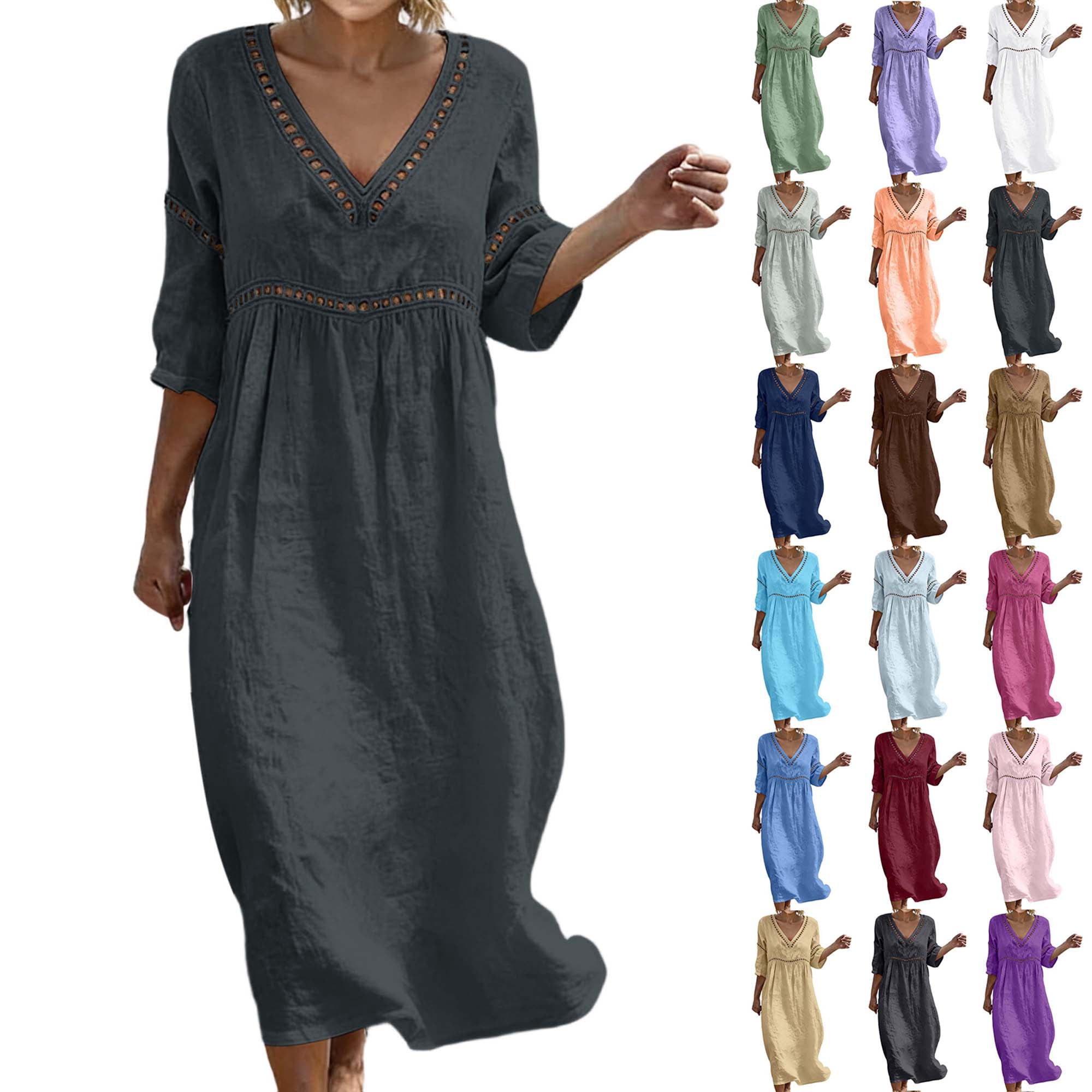 DYTTDG Women's V-Neck Cutout Trim Dress | 3/4 Sleeve Casual Summer ...