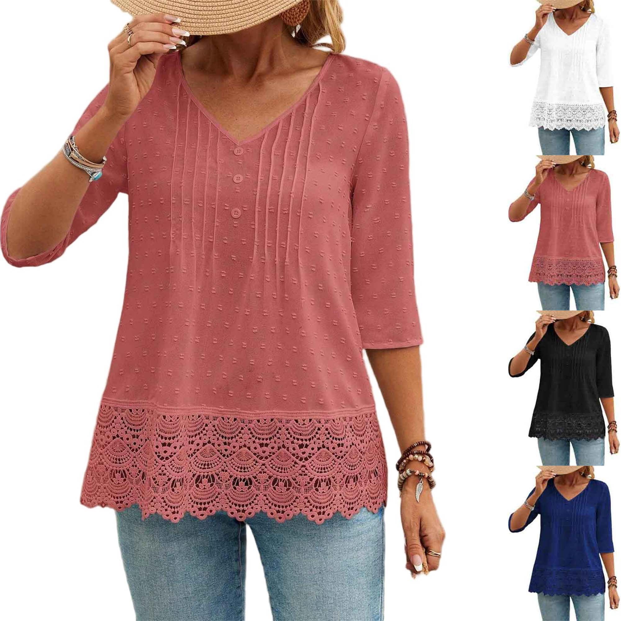 DYTTDG Women's V-Neck Lace Hem Blouse | 3/4 Sleeve Dot Casual Summer ...