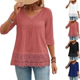DYTTDG Women's V-Neck Lace Hem Blouse | 3/4 Sleeve Dot Casual Summer ...