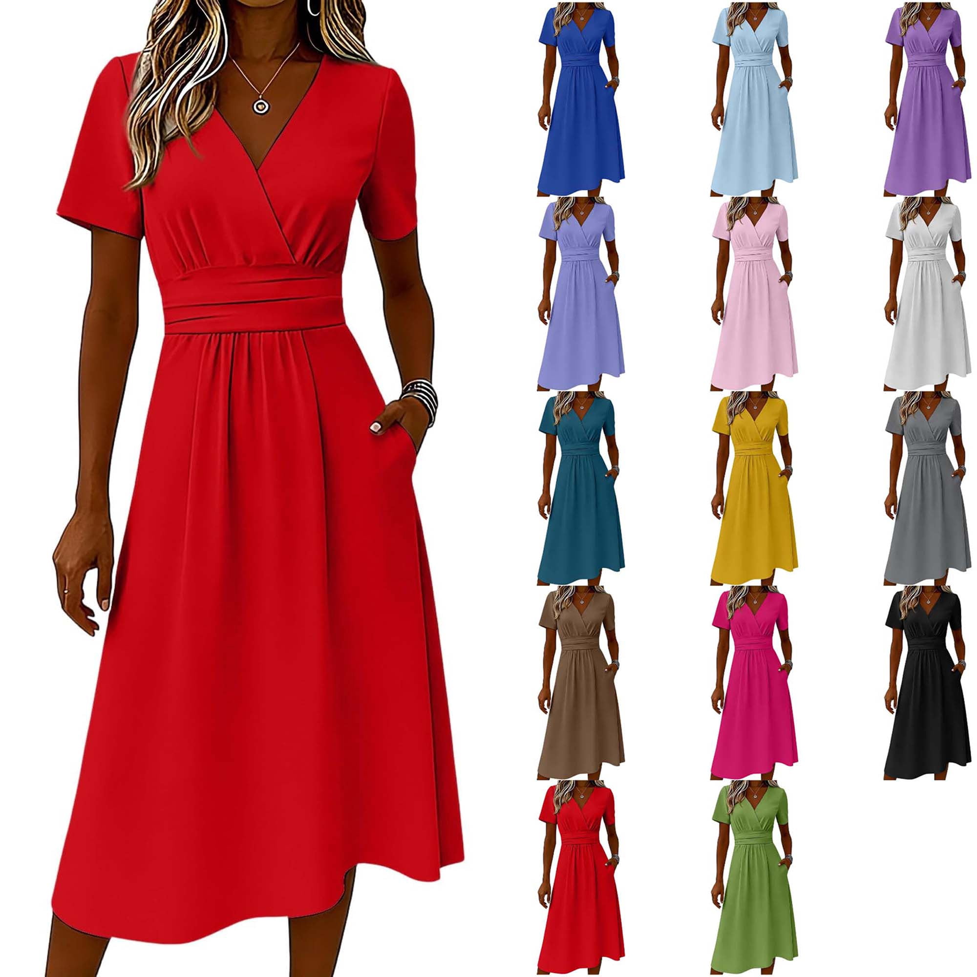 DYTTDG Women's V-Neck Wrap Waist Midi Dress | Short Sleeve Solid Color ...