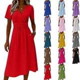 DYTTDG Women's V-Neck Wrap Waist Midi Dress | Short Sleeve Solid Color ...