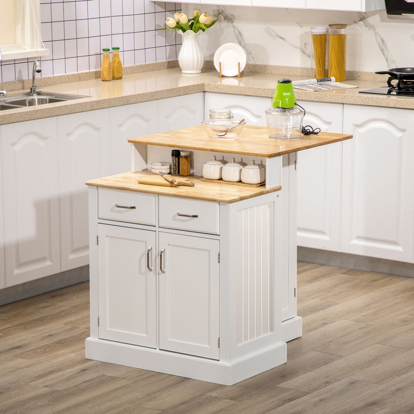 DYUKFG 2-Level Kitchen Island with Storage Cabinet, Butcher Block ...