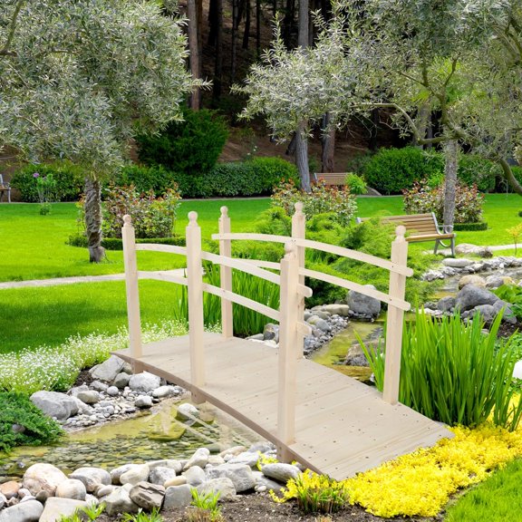 Shine Company Cedar Wood Garden Bridge, 4 ft, Beige, Outdoor Backyard ...