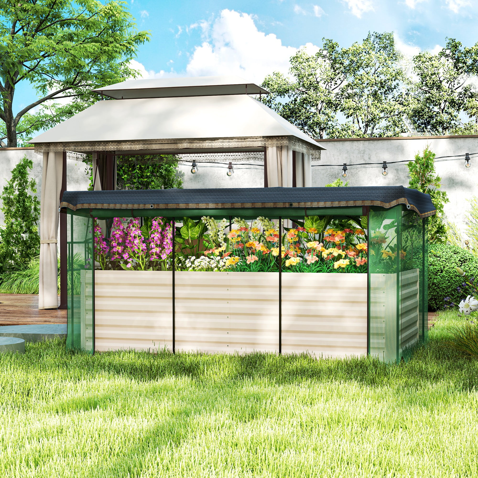DYUKFG Galvanized Raised Garden Bed with Integrated Crop Cage & Shade ...