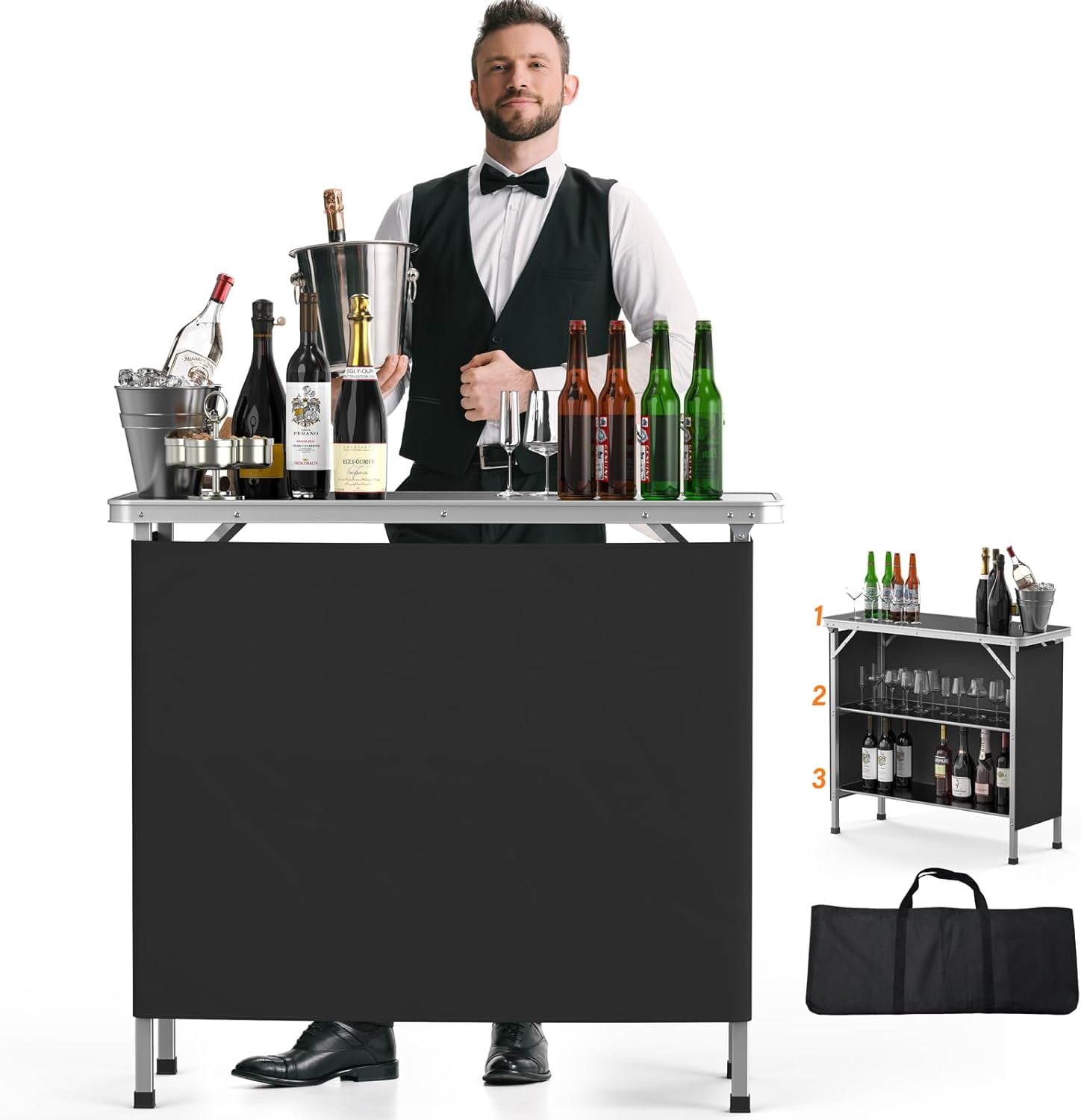 DYUKFG Portable Bar Table, 3-Tier Shelves, Mobile Bar Table for Events ...