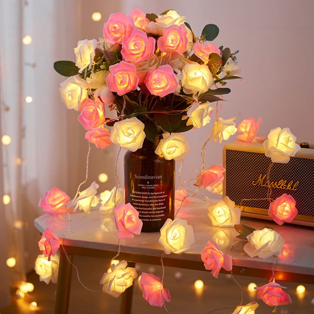 DYstyle 20 LED 9.8 FT Red Pink White Rose Flower String Lights,Battery ...