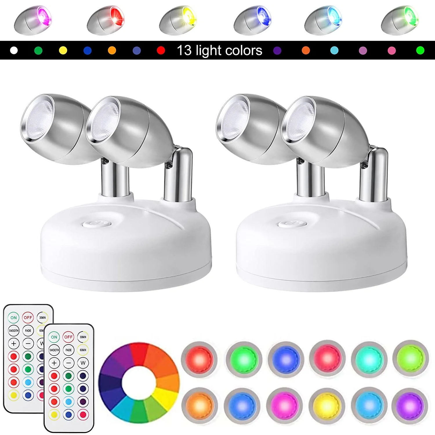 DYstyle 2Pack RGB Wireless Spotlight Dual Head Single Head Battery ...