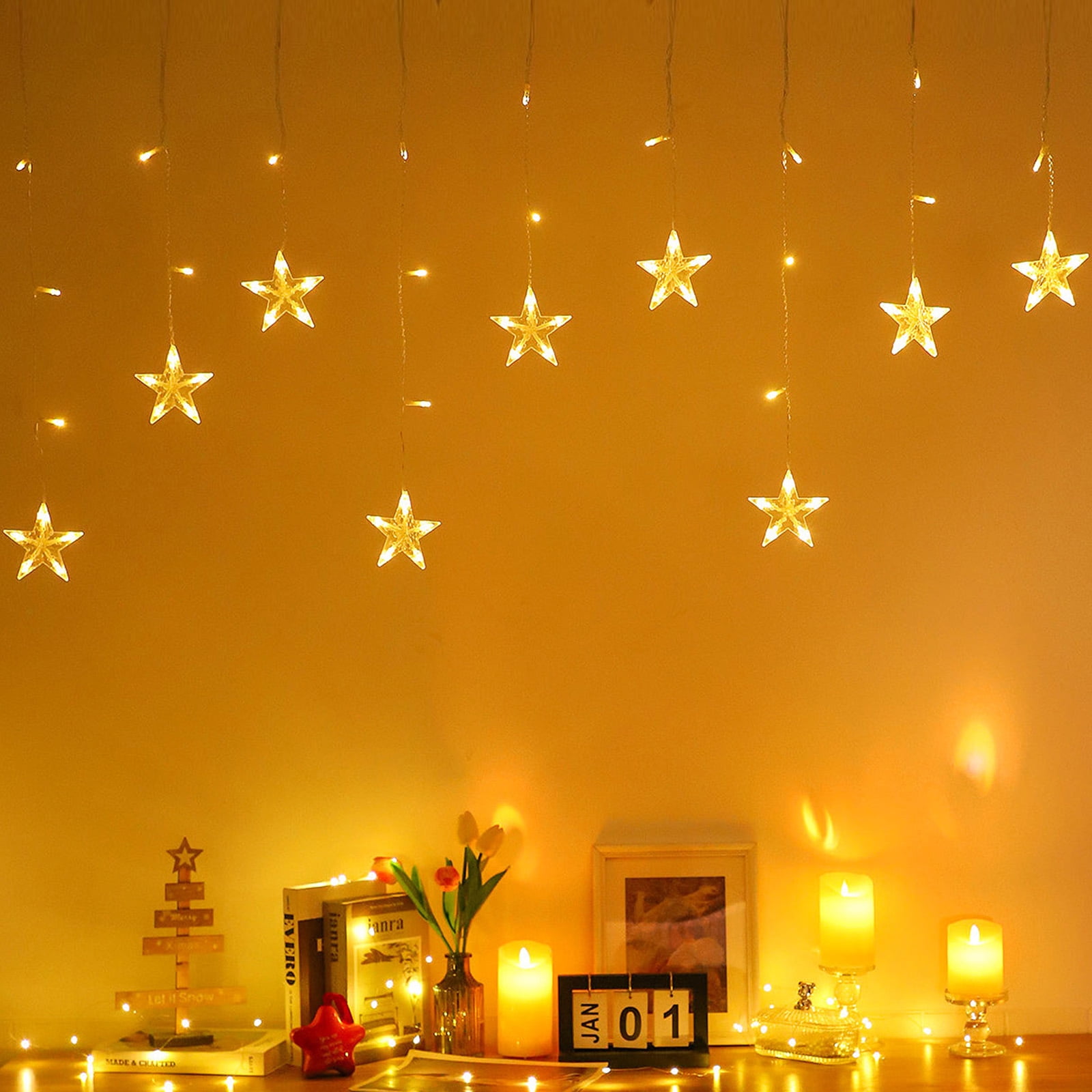 DYstyle Battery Operated Warm White LED Star Curtain Light 2M 62LEDs ...