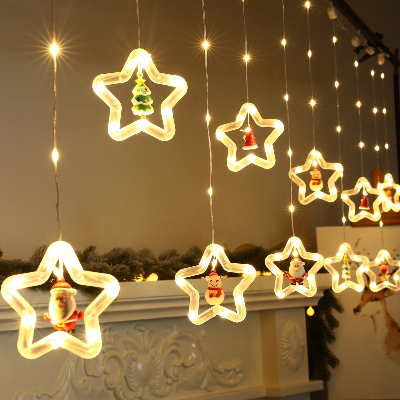DYstyle Christmas Curtain String Lights Hanging Lights with Santa Claus ...
