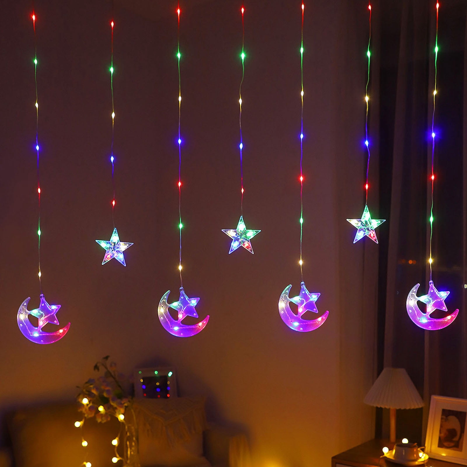 DYstyle LED Moon with Star LED Curtain Light Battery Operated 2.3M ...