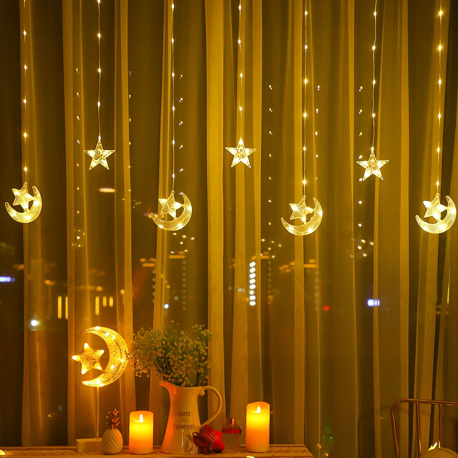 DYstyle LED Moon with Star LED Curtain Light Battery Operated 2.3M ...