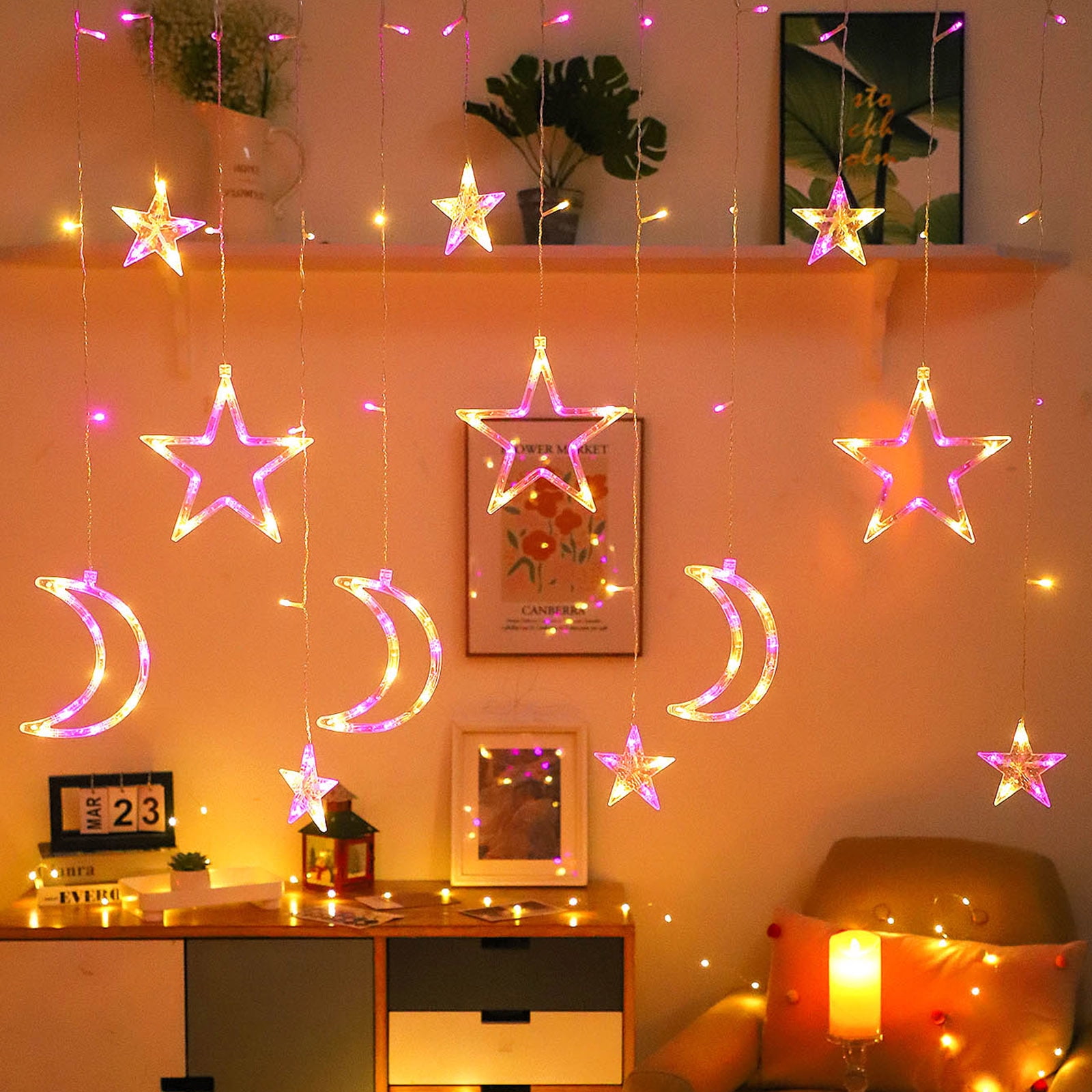 DYstyle LED Star Moon Curtain Light Battery Operated 3M 120LEDs Icicle ...