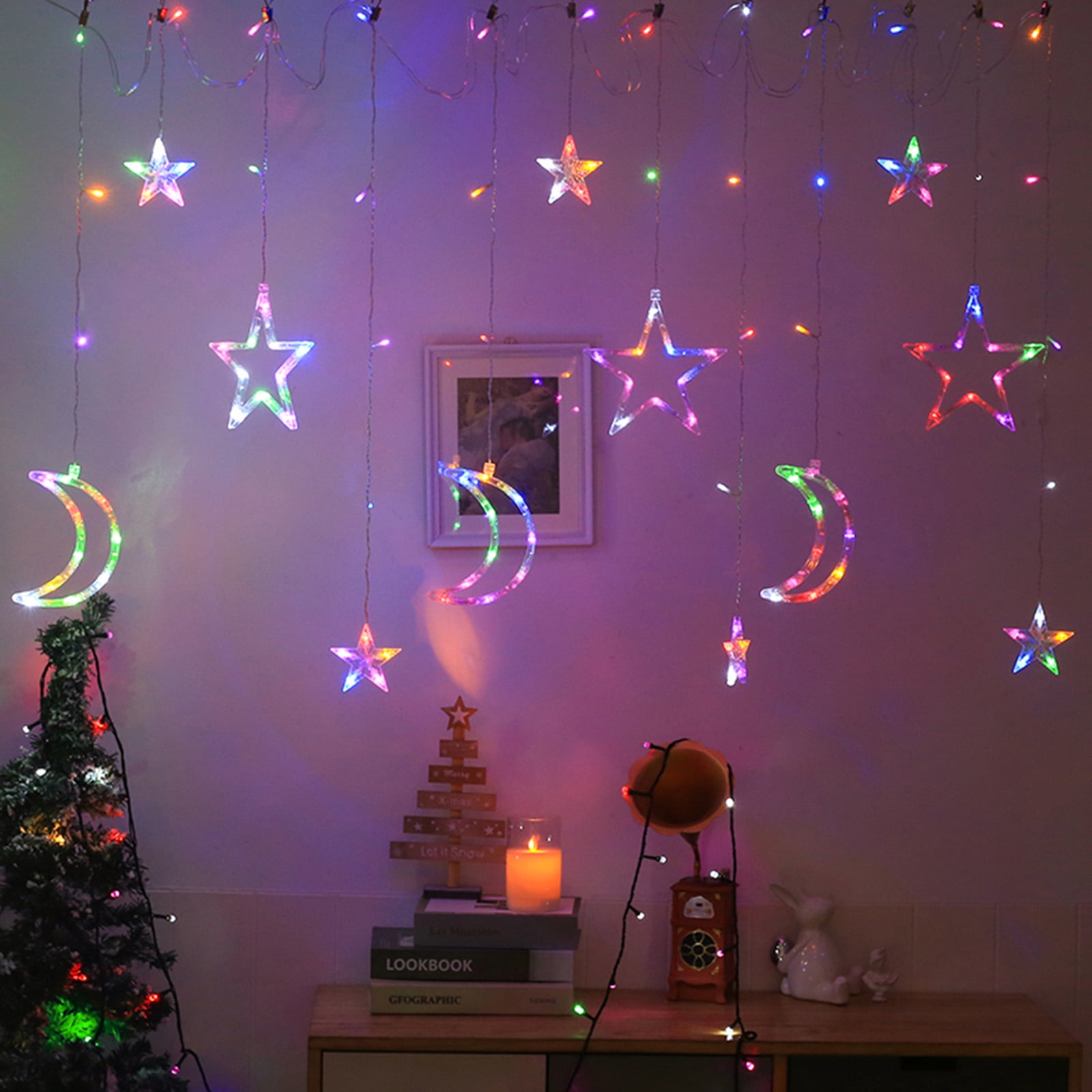 DYstyle LED Star Moon Curtain Light Battery Operated 3M 120LEDs Icicle ...