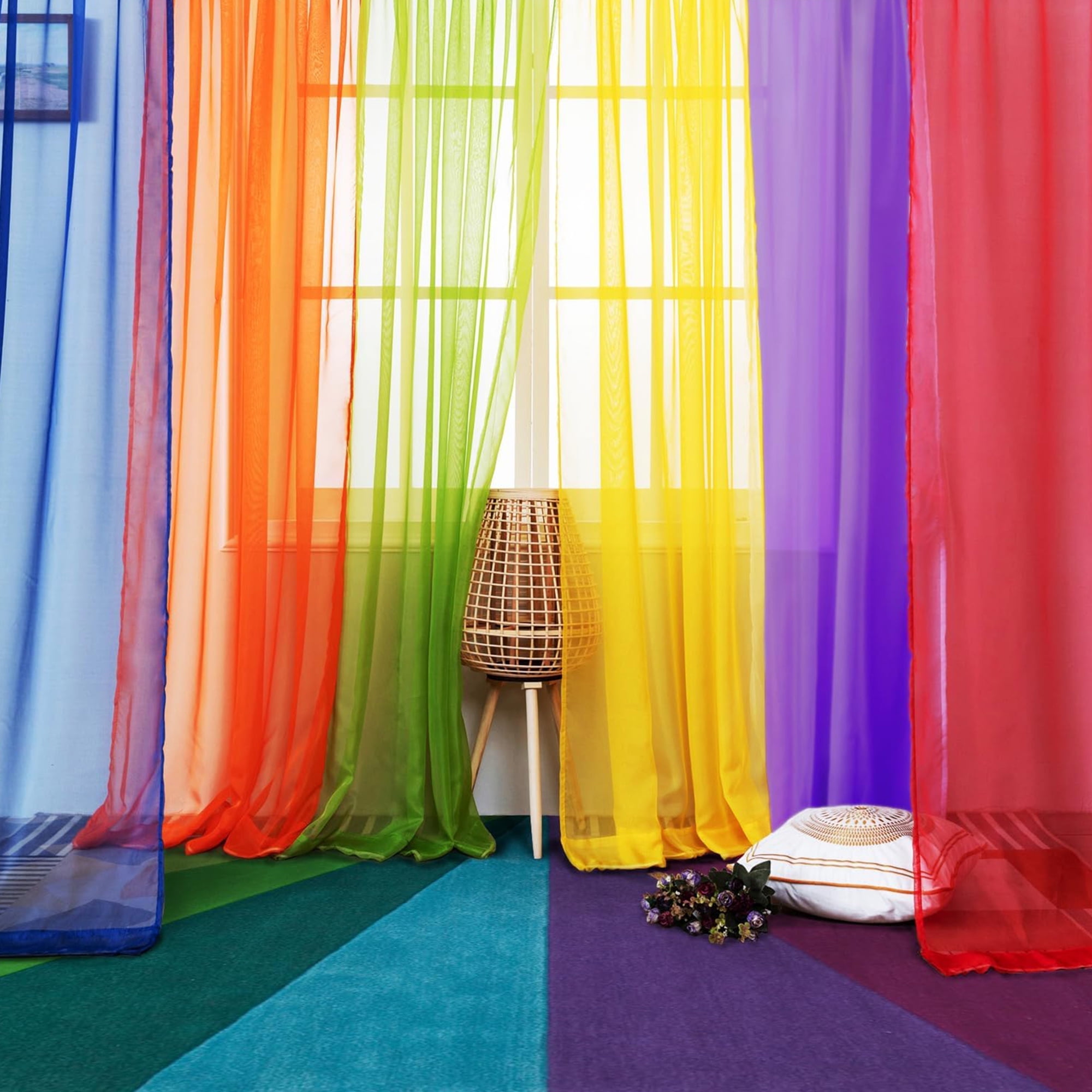 DZORUN 6 Piece Rainbow Sheer Curtains Colorful Backdrop Bright Curtains ...