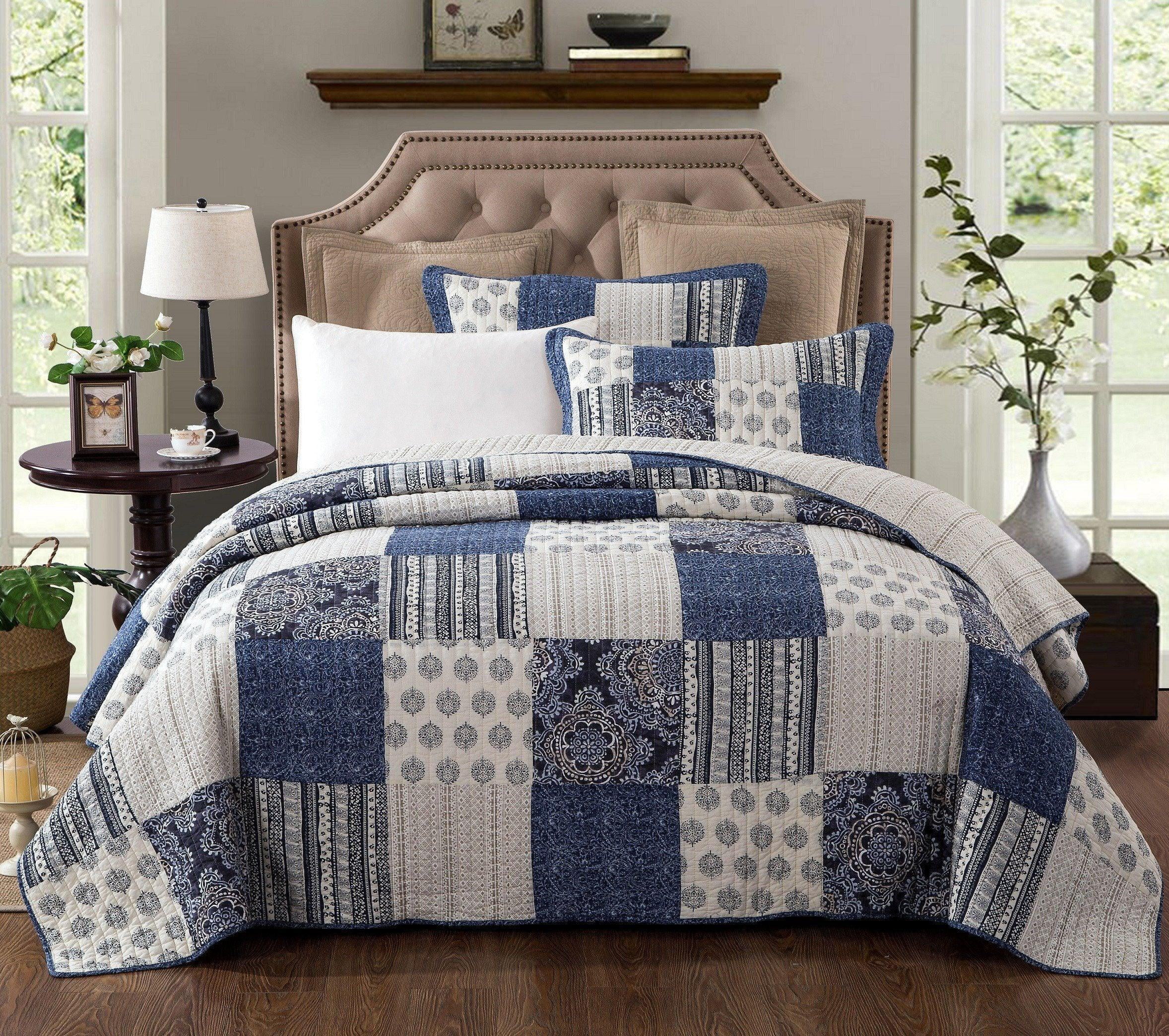 DaDa Bedding Bohemian Denim Blue Elegance Patchwork Cotton Bedspread ...