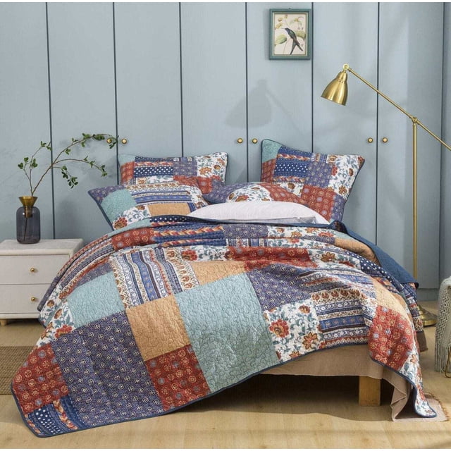 DaDa Bedding Bohemian Vibes Mediterranean Blue Floral Patchwork Quilted ...