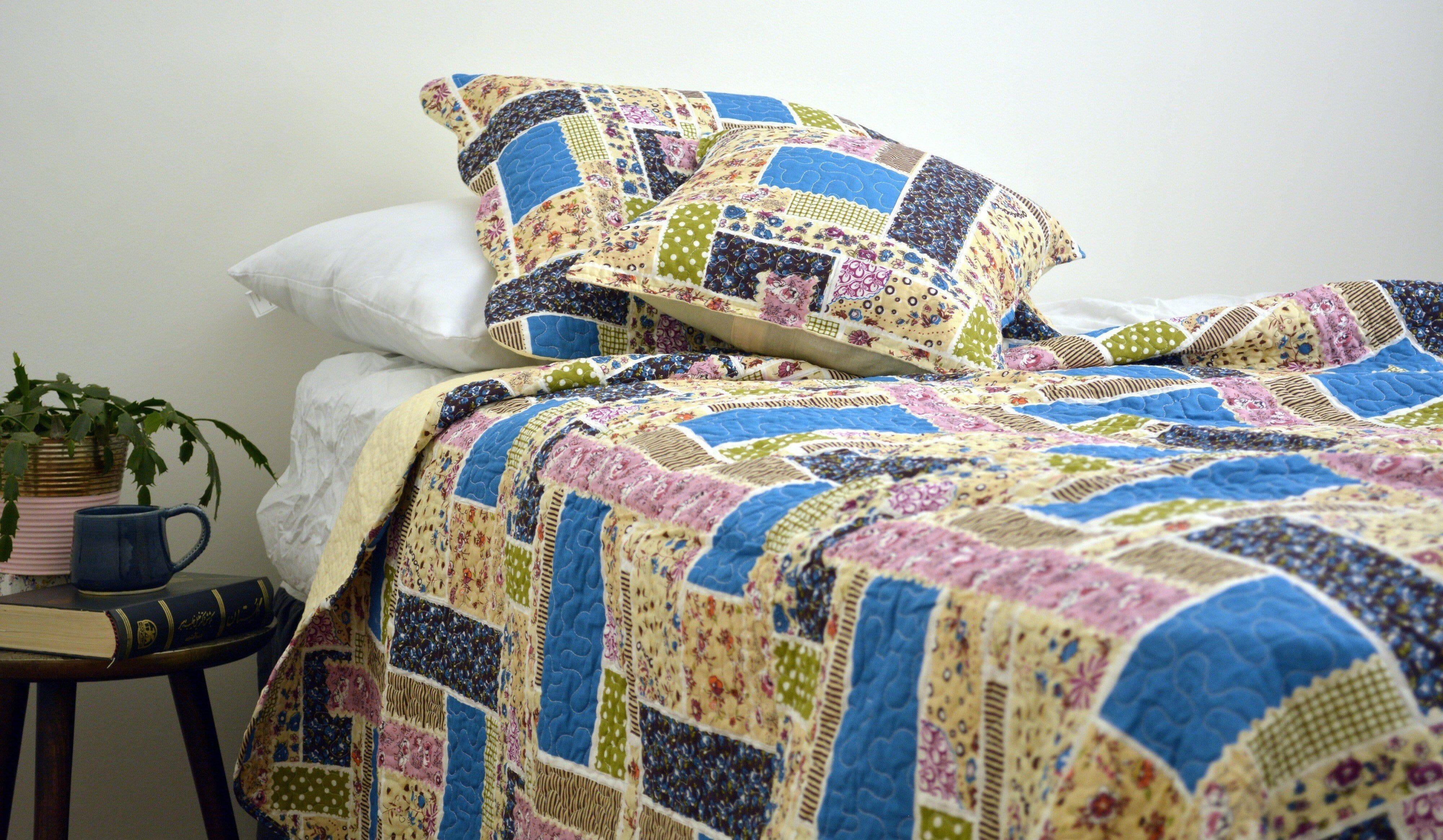 DaDa Bedding Cottage Blue Ivory Yellow Floral Scalloped Cotton ...