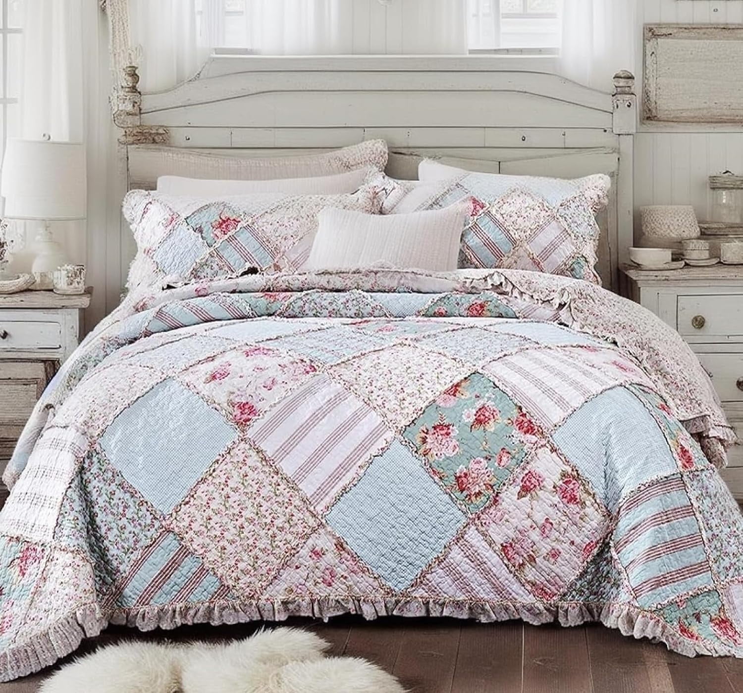 DaDa Bedding Cottage Patchwork Cotton Floral Bedspread Quilt Set - Hint of Mint Dainty Quilted ...