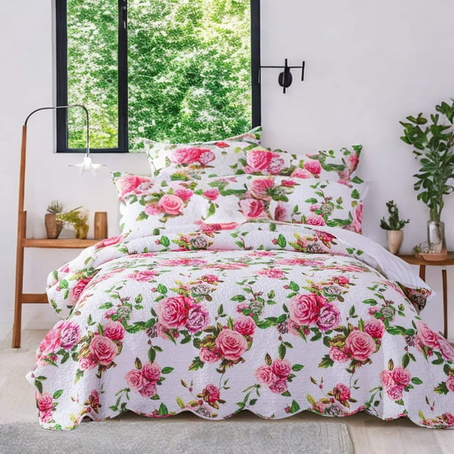 DaDa Bedding Romantic Roses Lovely Spring Pink Floral Quilted Scalloped ...