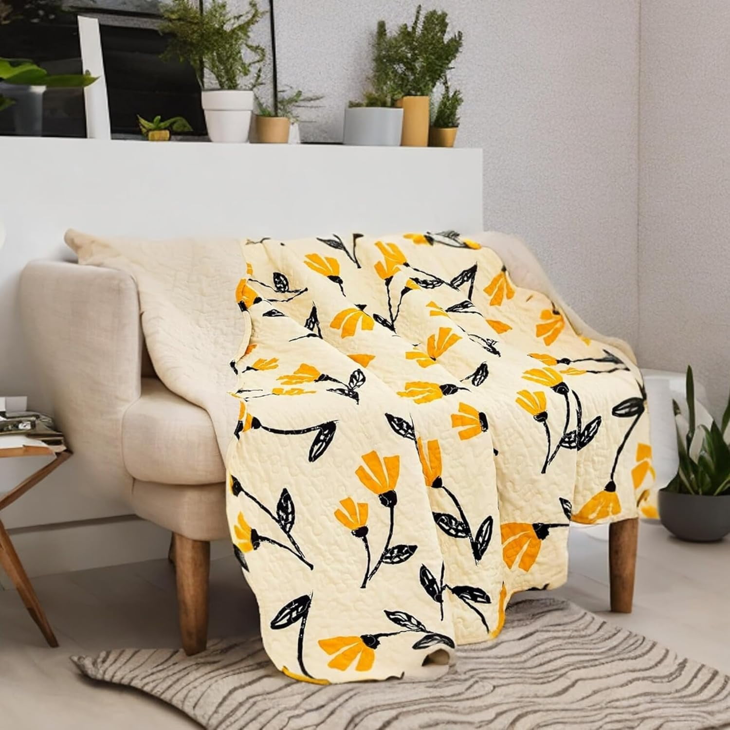 DaDa Bedding Botanical Floral Throw Blanket - Quilted Yellow Fleur ...