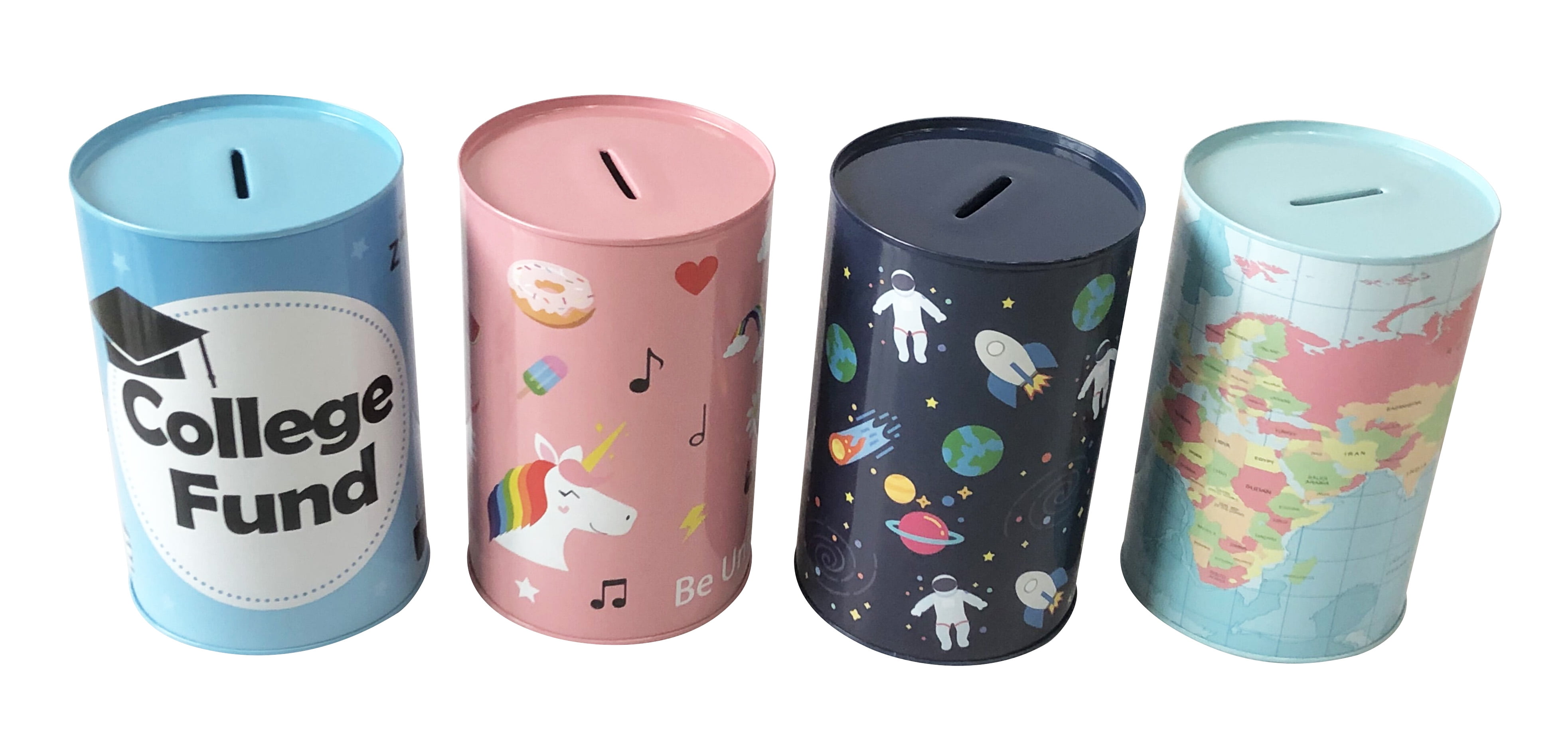 DaHo 4pc Tin Coin Bank Colleage Fund Unicorn Space and World Map 4ASST ...