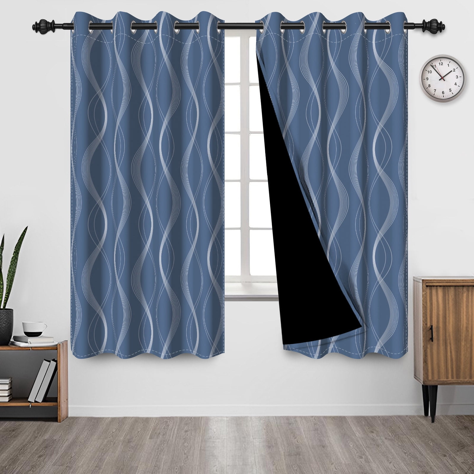 DaShan Blue Blackout Curtains White Geometric Wave Stripes Modern Light ...