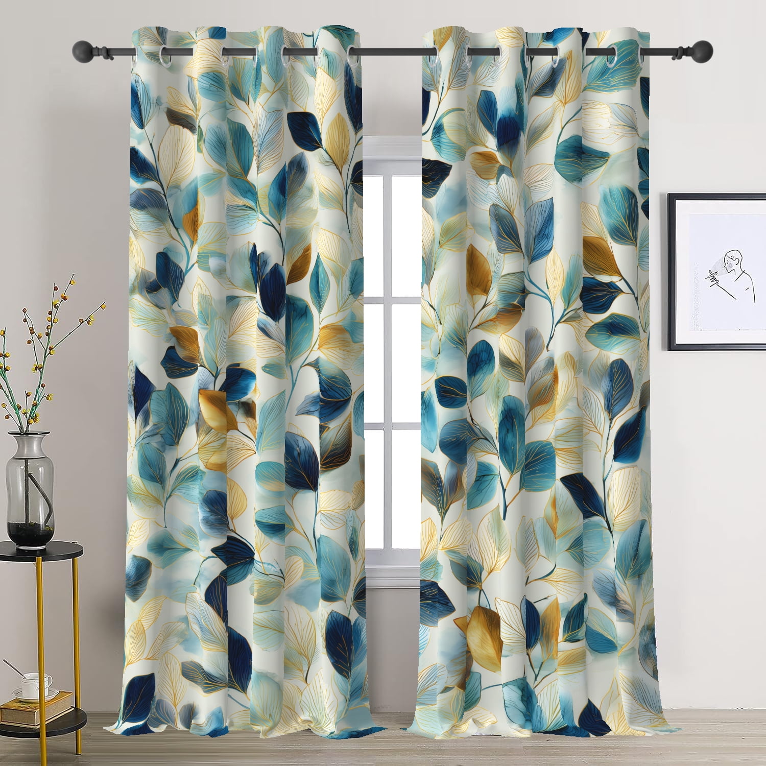 DaShan Blue Gold Leaves Blackout Curtains 63 inch length 2 Panels,Room ...