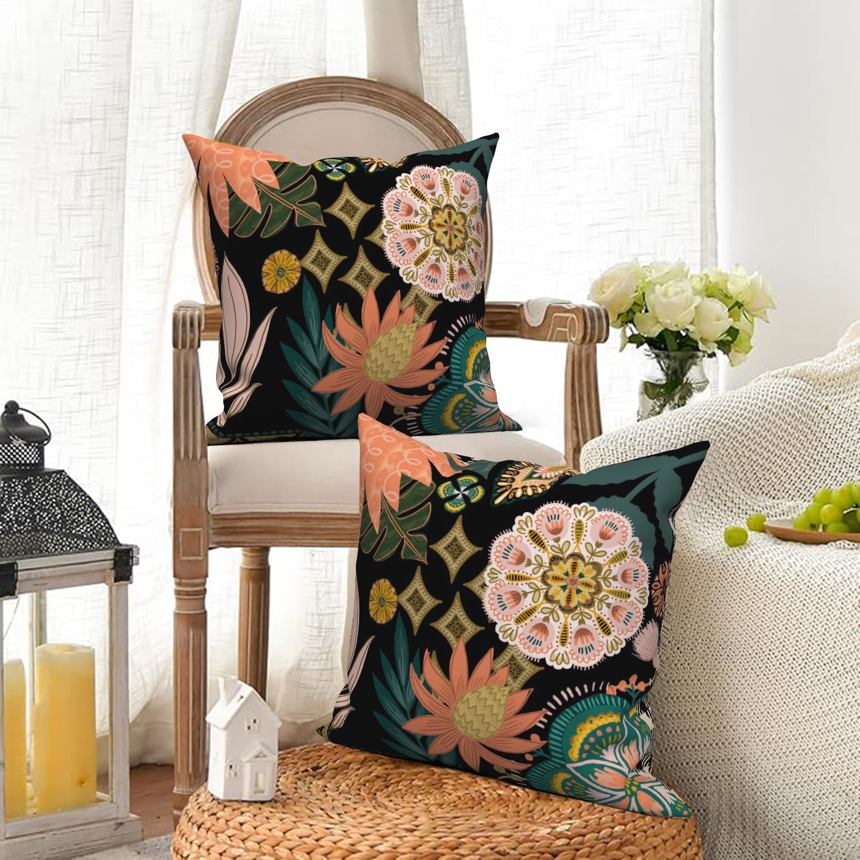DaShan Boho Floral Pillow Cover 18x18 Set of 2, Palm Leaves Decorative ...