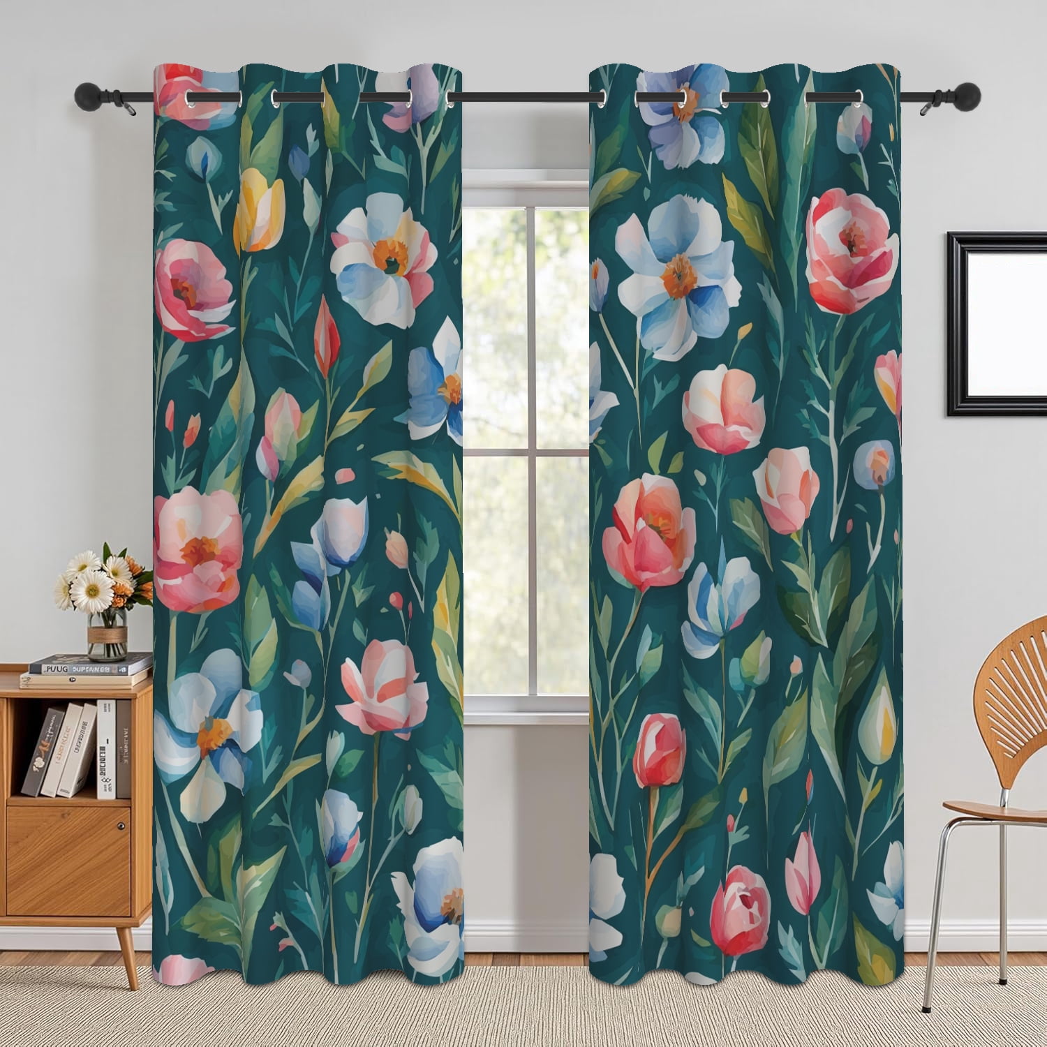 DaShan Green Boho Floral Blackout Curtains,52x96 Inches Long Room ...