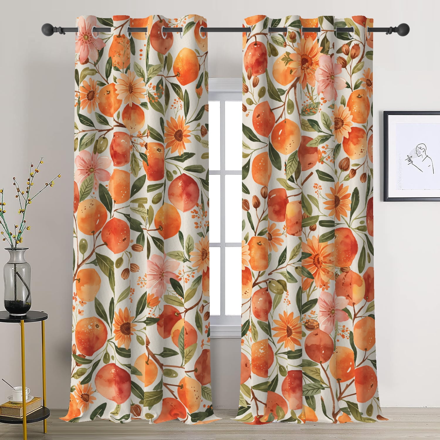 DaShan Orange Floral Blackout Curtains 63 inch length 2 Panels,Fall ...