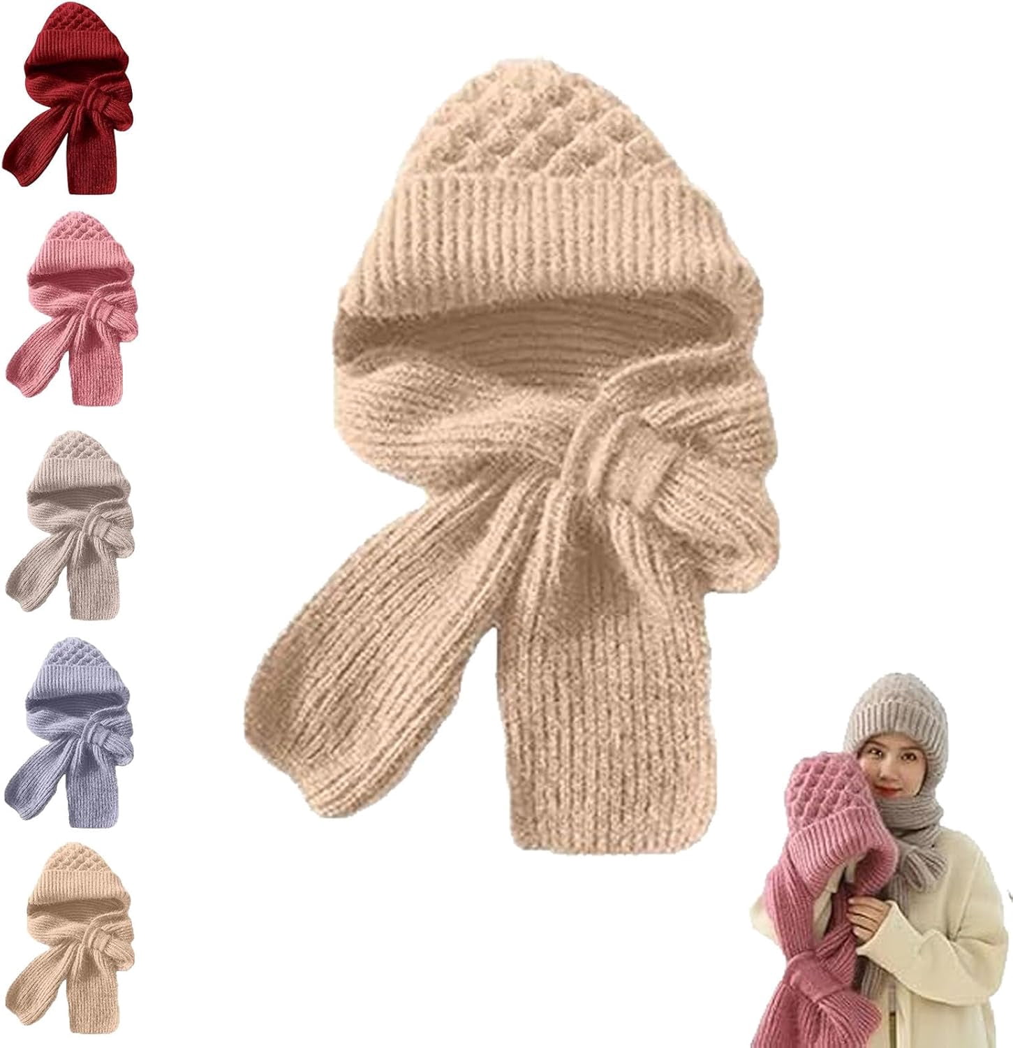 DabinFa Winter Knitted Hooded Scarf for Women, Integrated Ear ...