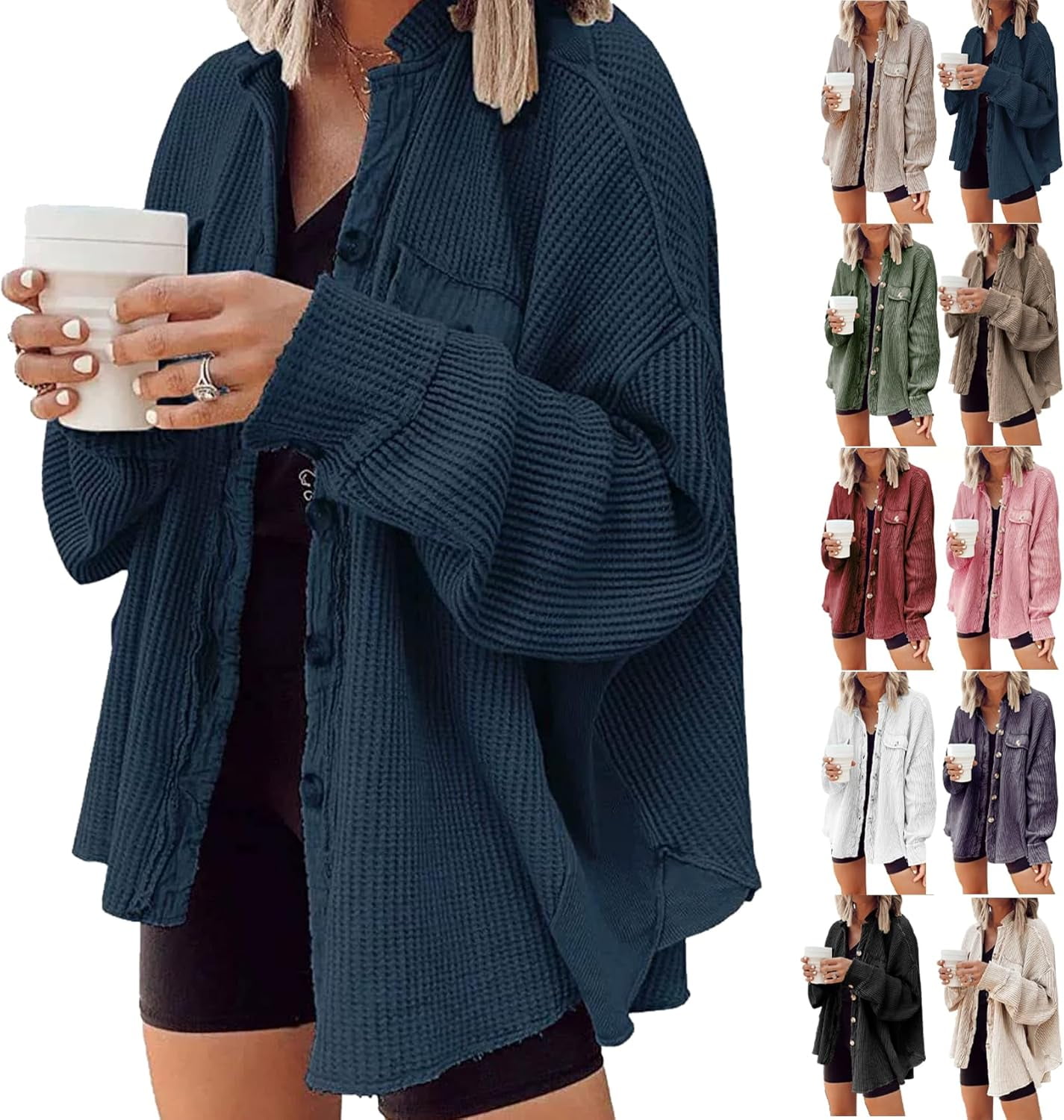 DabinFa Womens Waffle Knit Shacket, Casual Oversized Button Down Shirt ...