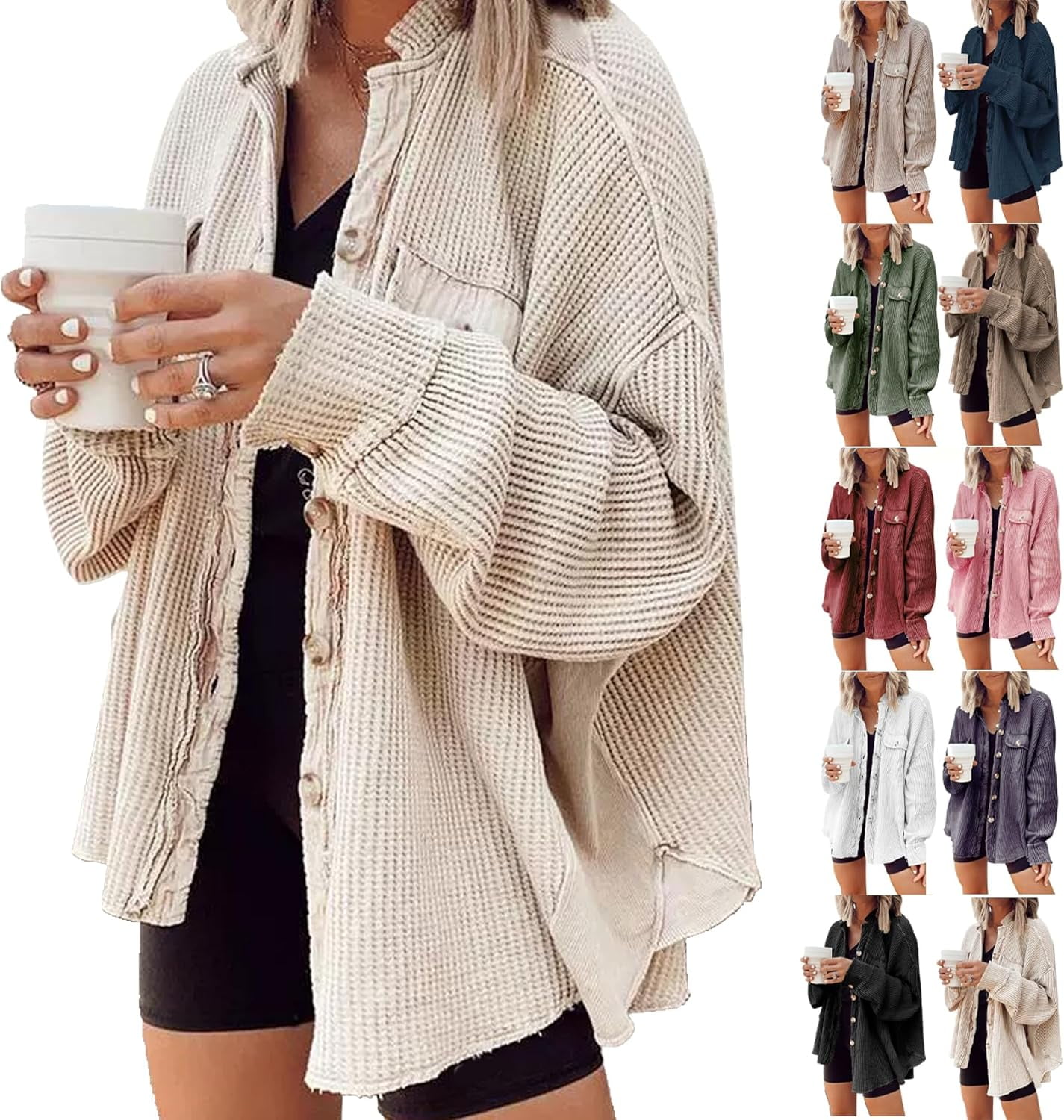 DabinFa Womens Waffle Knit Shacket, Casual Oversized Button Down Shirt ...