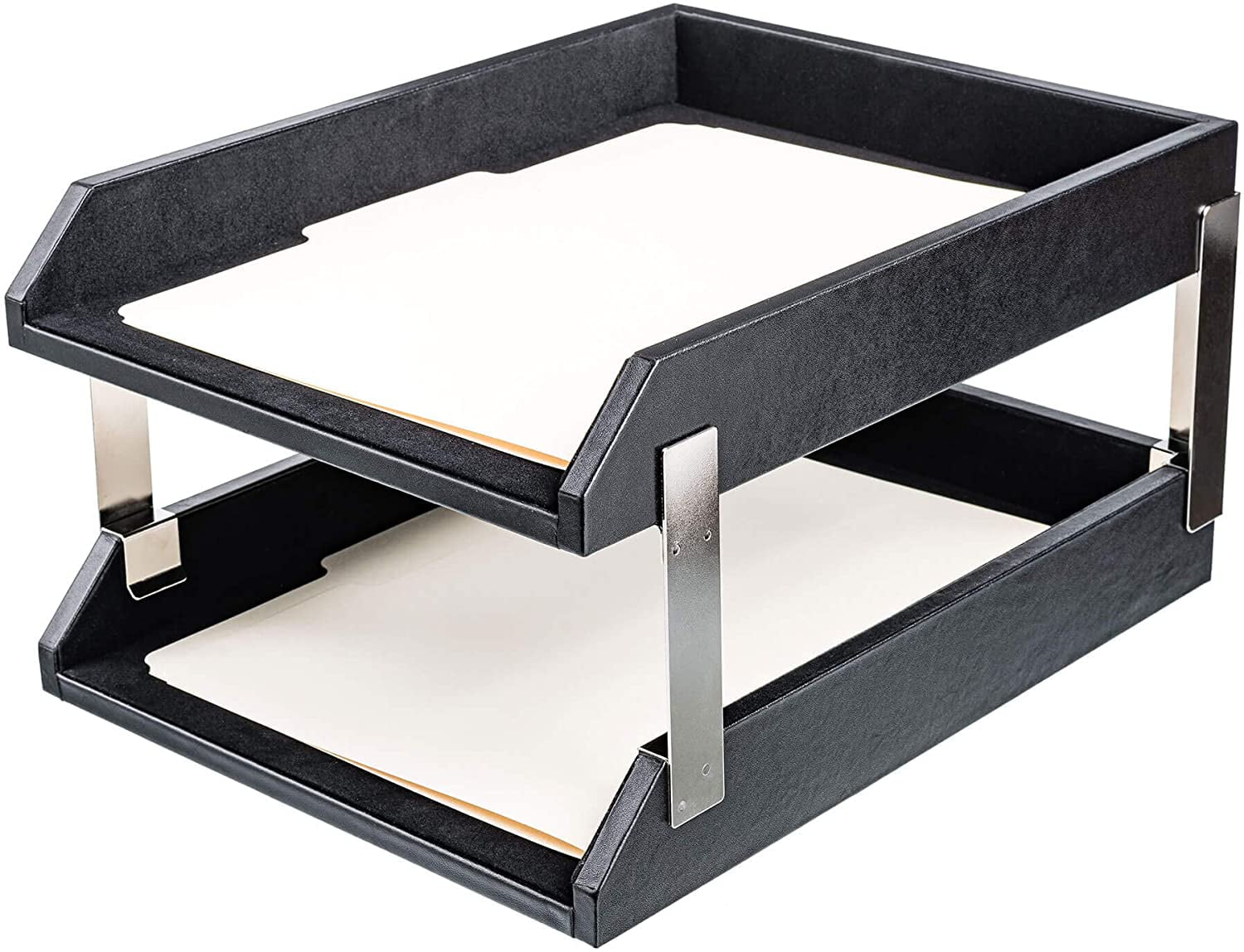 Dacasso Classic Black Leather Front-load Letter Trays with Silver ...