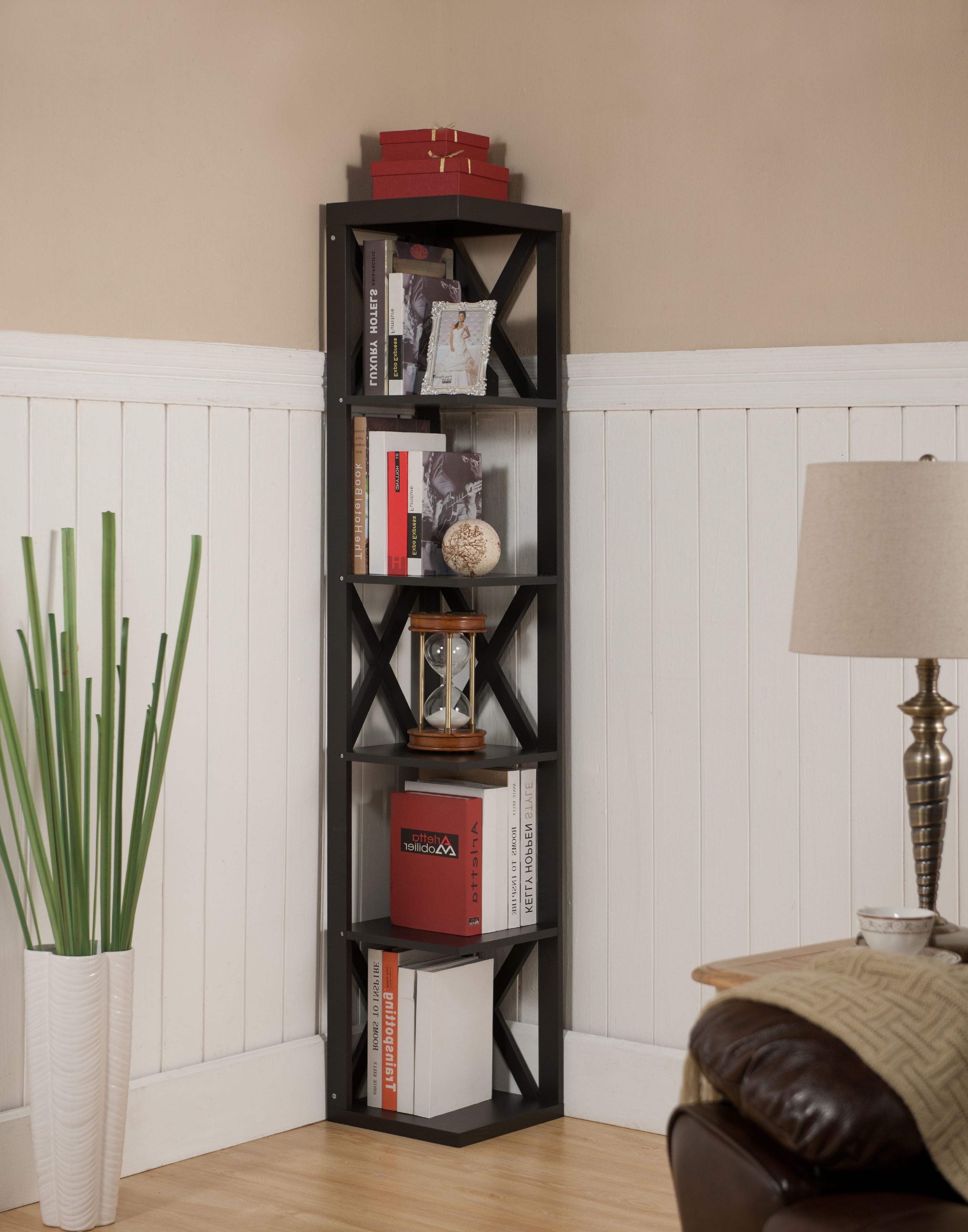 Dacey 5 Tier Contemporary Corner Wall Bookcase, Espresso Wood, 65"H ...