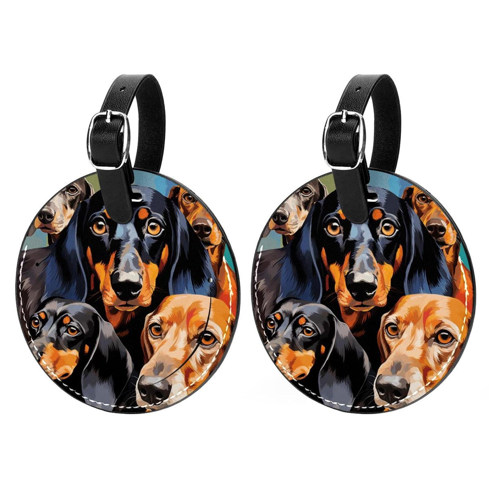 Dachshund 2pcs PU Leather Round Bag Tags with Privacy Cover and Name ID ...