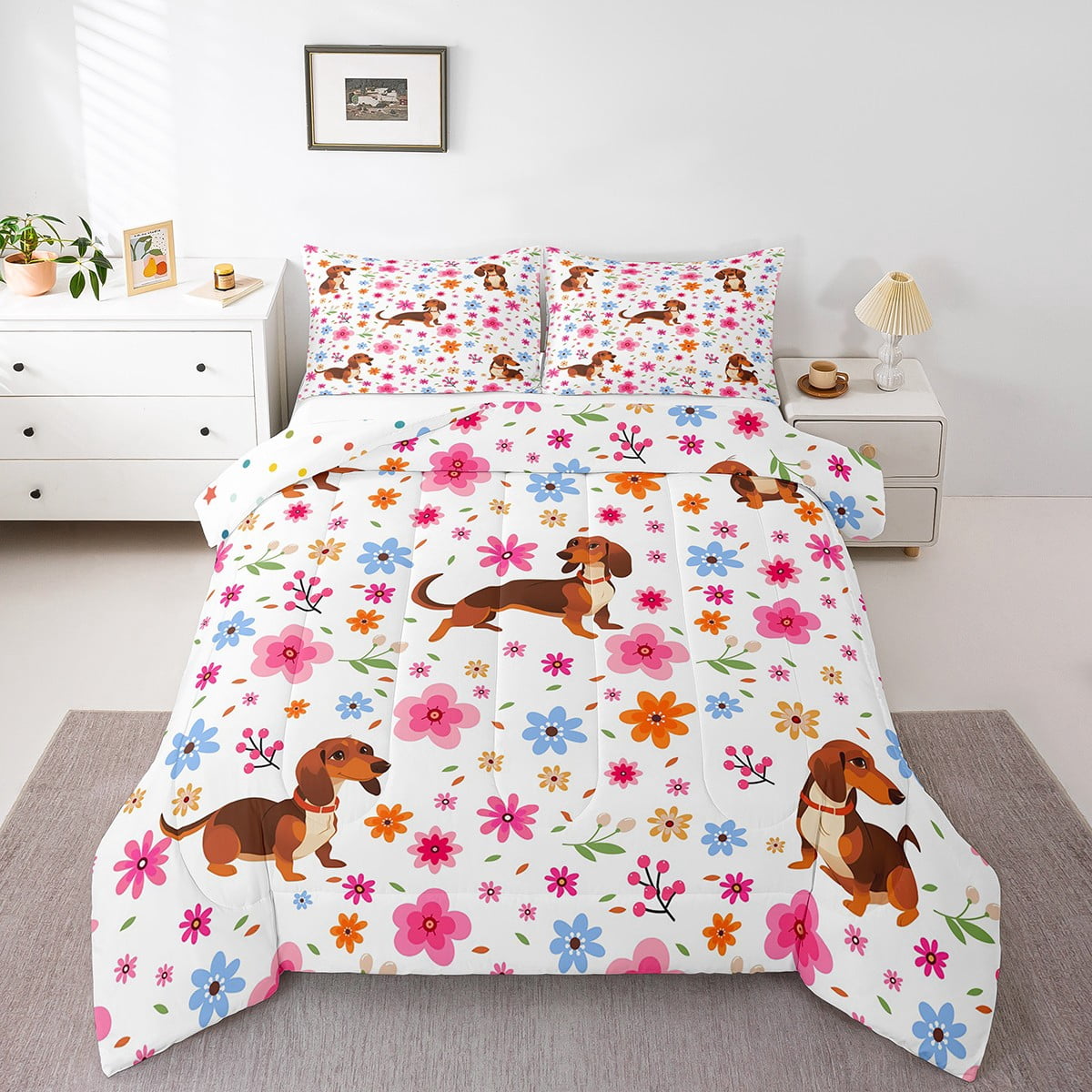 Dachshund Bedding King Size Pink Flower Floral Comforter Set, Colorful ...