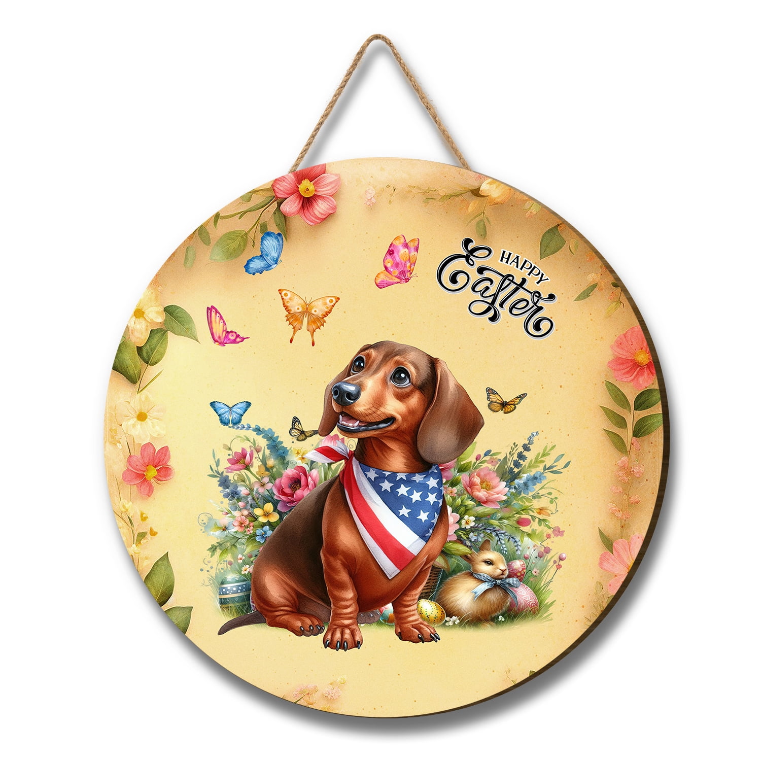 Dachshund Celebrates Spring and Enjoys a Happy Easter Round Wood Sign ...