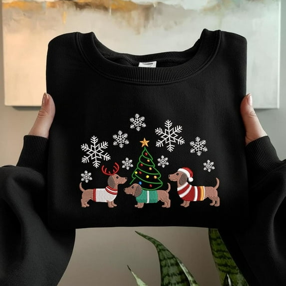 Dachshund Christmas Sweatshirt, Cute Sausage Dog Embroidery Sweater ...