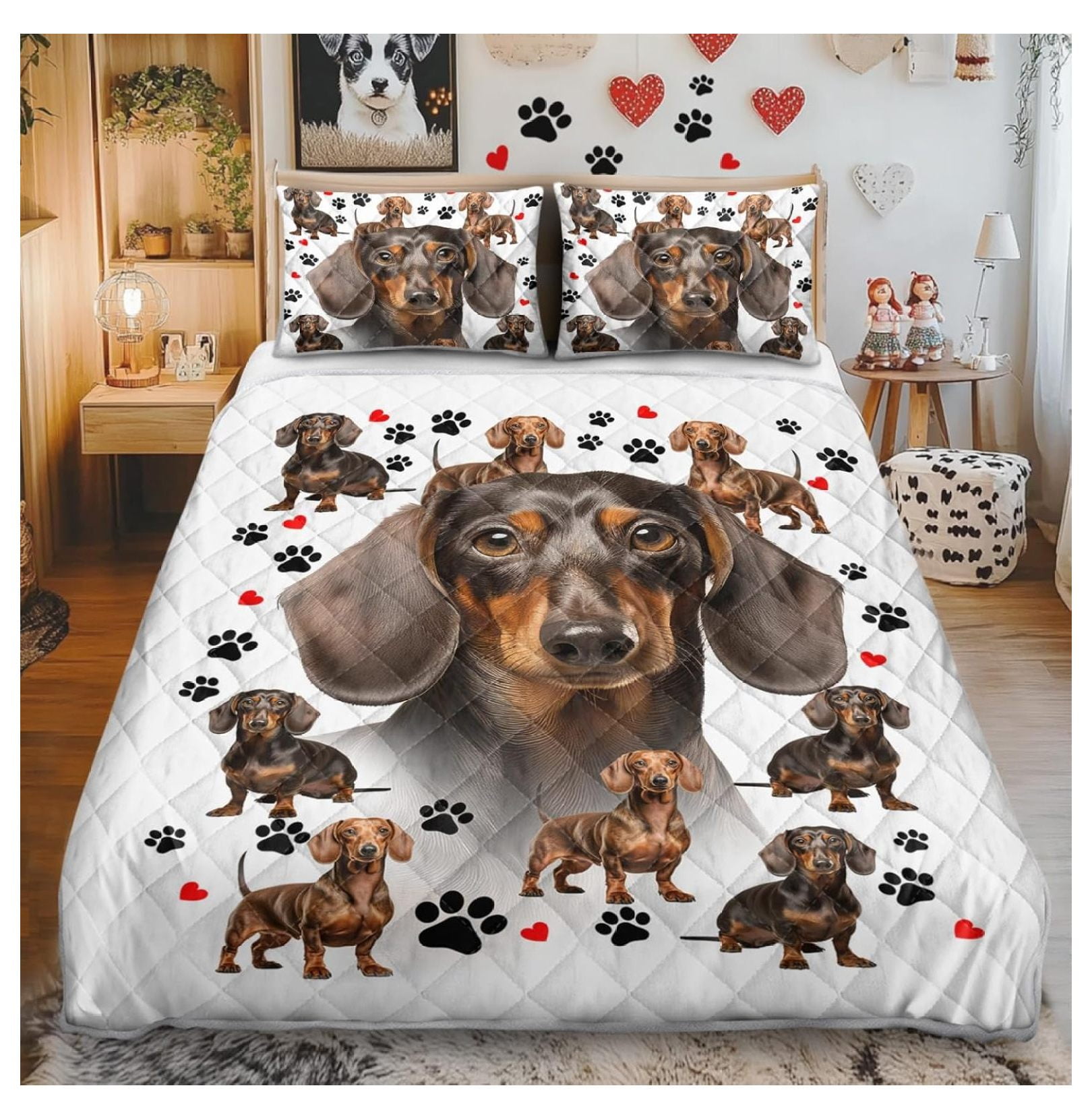 Dachshund Comforter Set Twin Size, Soft Quilted Bedspread with Paw Print Design, Wiener Dog ...