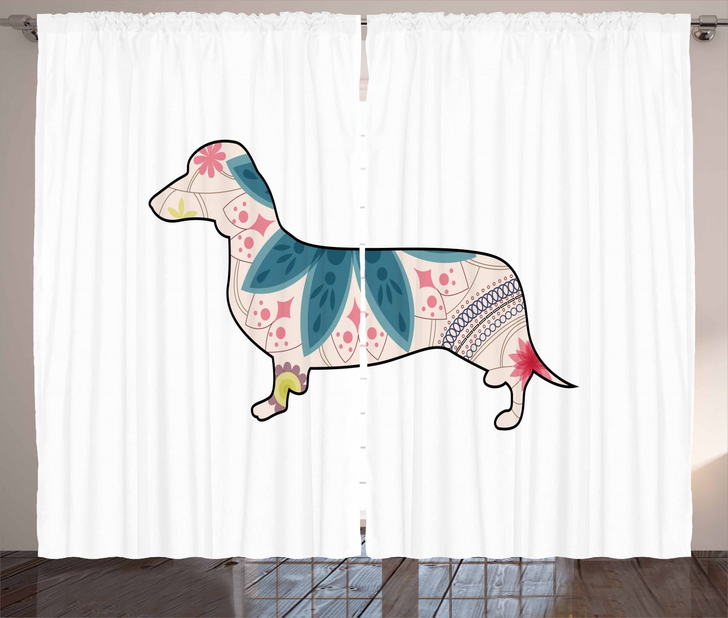 Ambesonne Dachshund Curtains 2 Panel Set, Floral Puppy, 108" x 63 ...