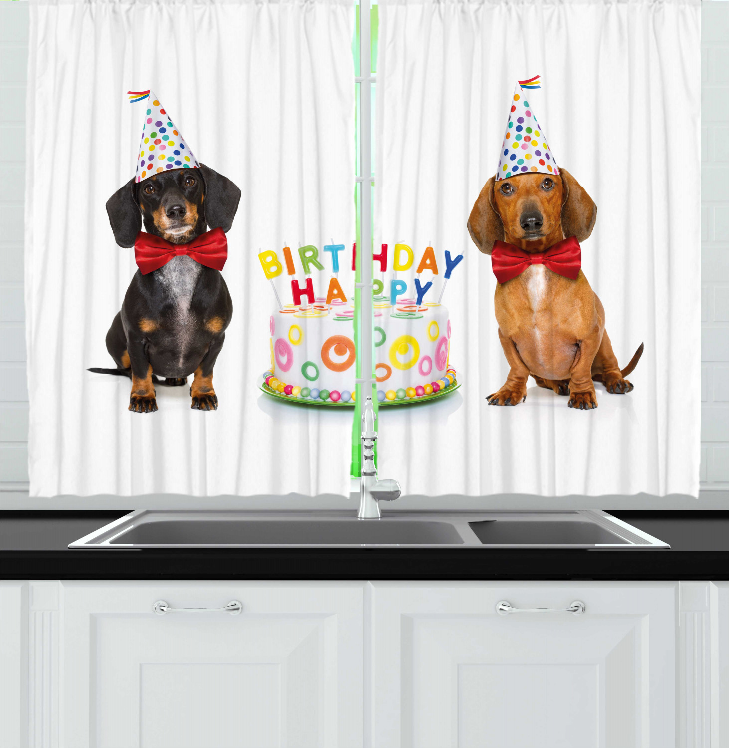 Dachshund Curtains 2 Panels Set, Couple of Bow Tied Sausage Dogs with ...