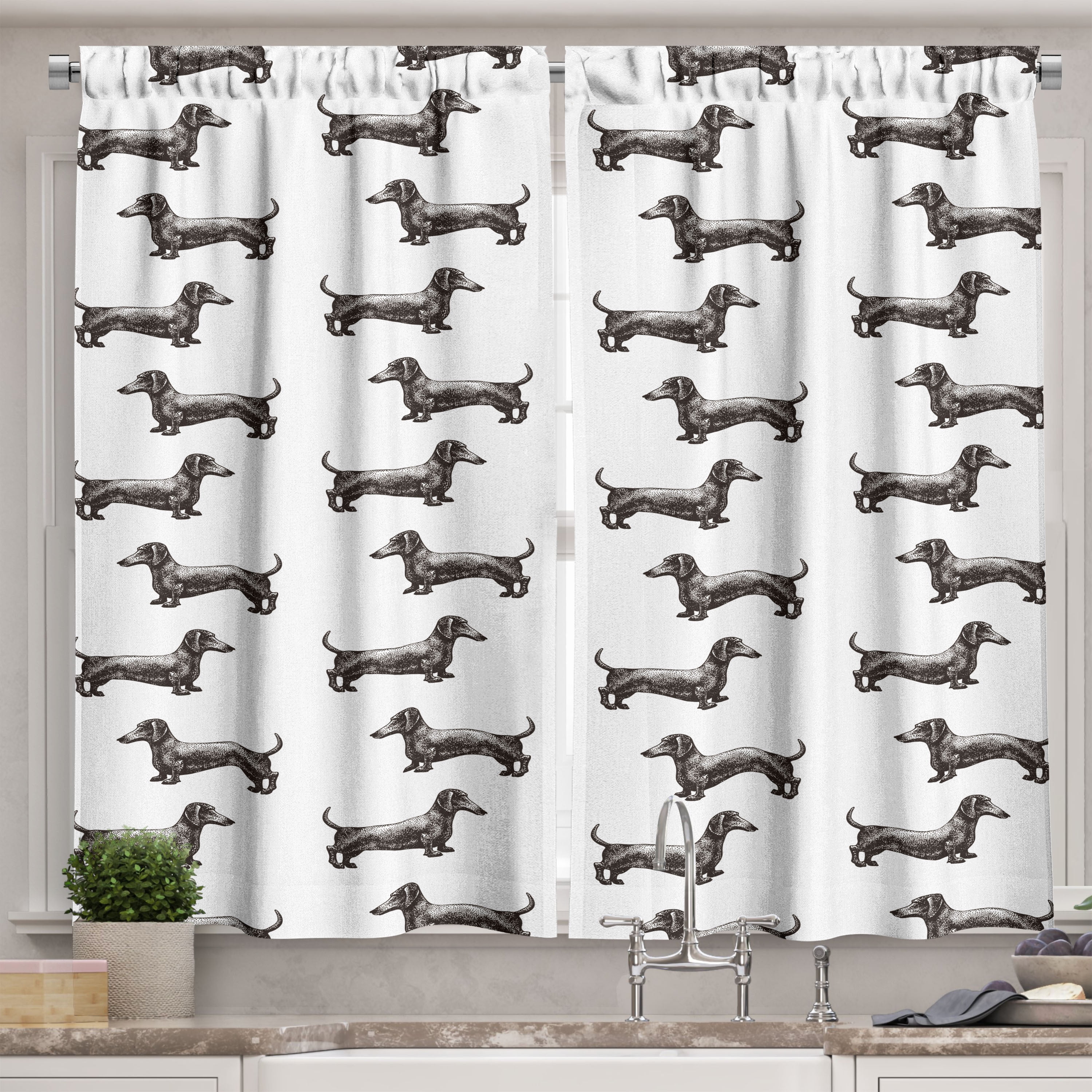 Dachshund Curtains 2 Panels Set, Pattern Lines with Sweet Sausage Dog ...