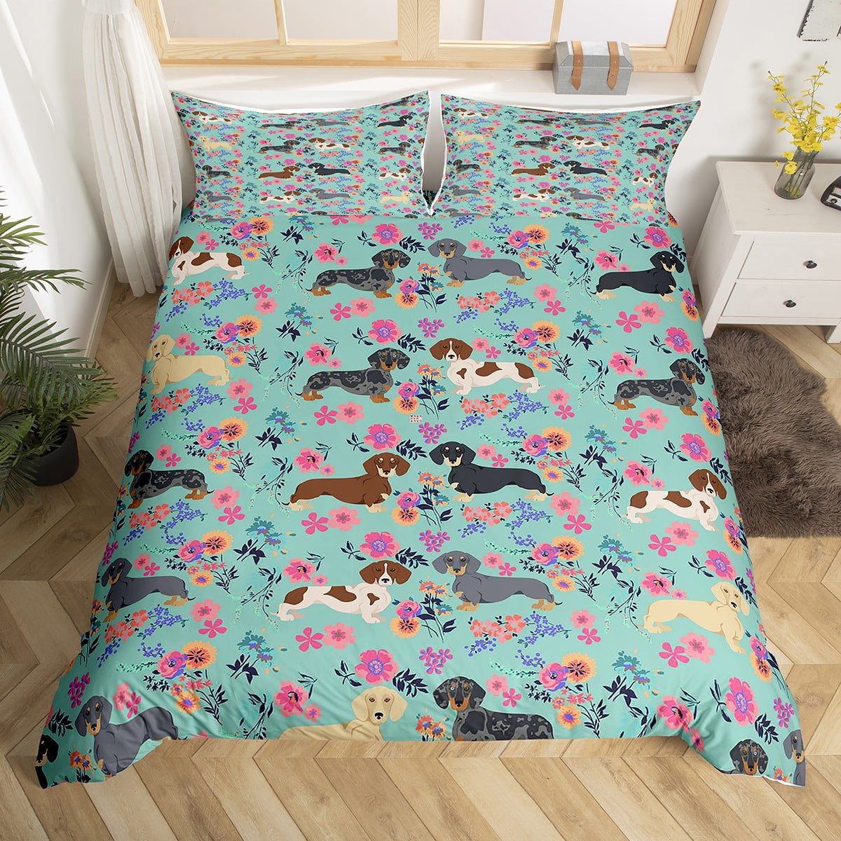 Dachshund Decor Duvet Cover Pink Floral Puppy Bedding Set Dachshund ...