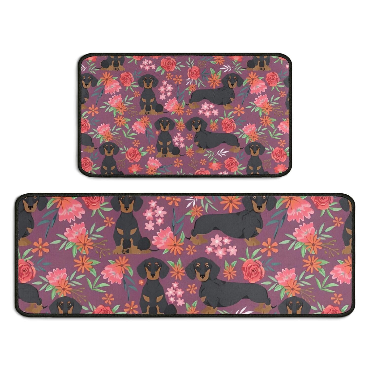 Dachshund Dog and Flower Floral Kitchen Rugs Sets Of 2,Anti Fatigue ...
