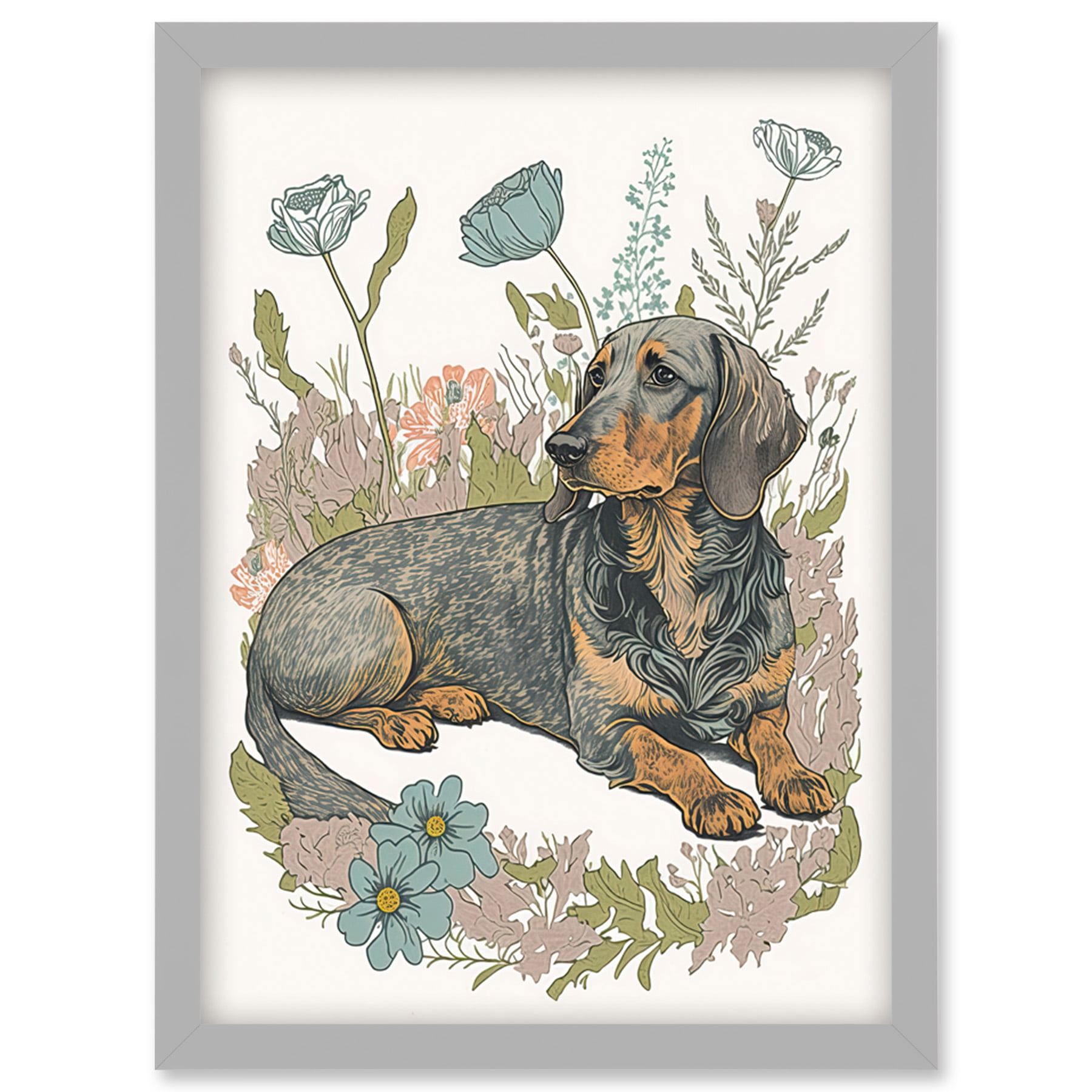 Dachshund Dog Lying in Flower Field Pastel Watercolour Illustration ...