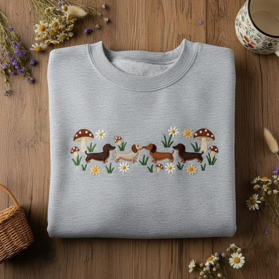 Dachshund Dog Mushroom Line embroidered sweatshirt, Cottagecore Wiener ...